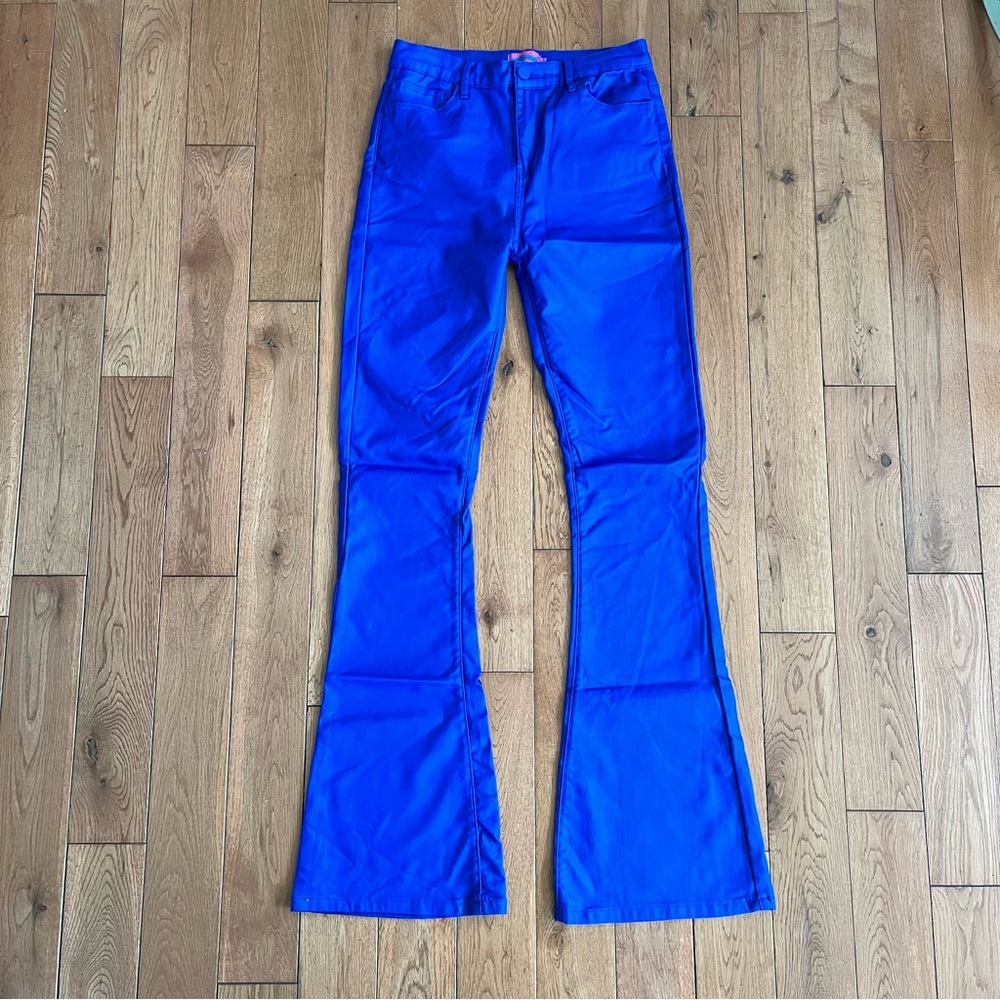 Edikted Blue Faux Leather Flare Jeans - Size Large - Gem